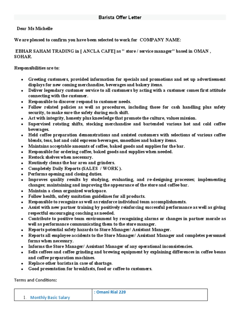 Barista Offer Letter for Ancla Café | PDF | Coffee | Merchandising