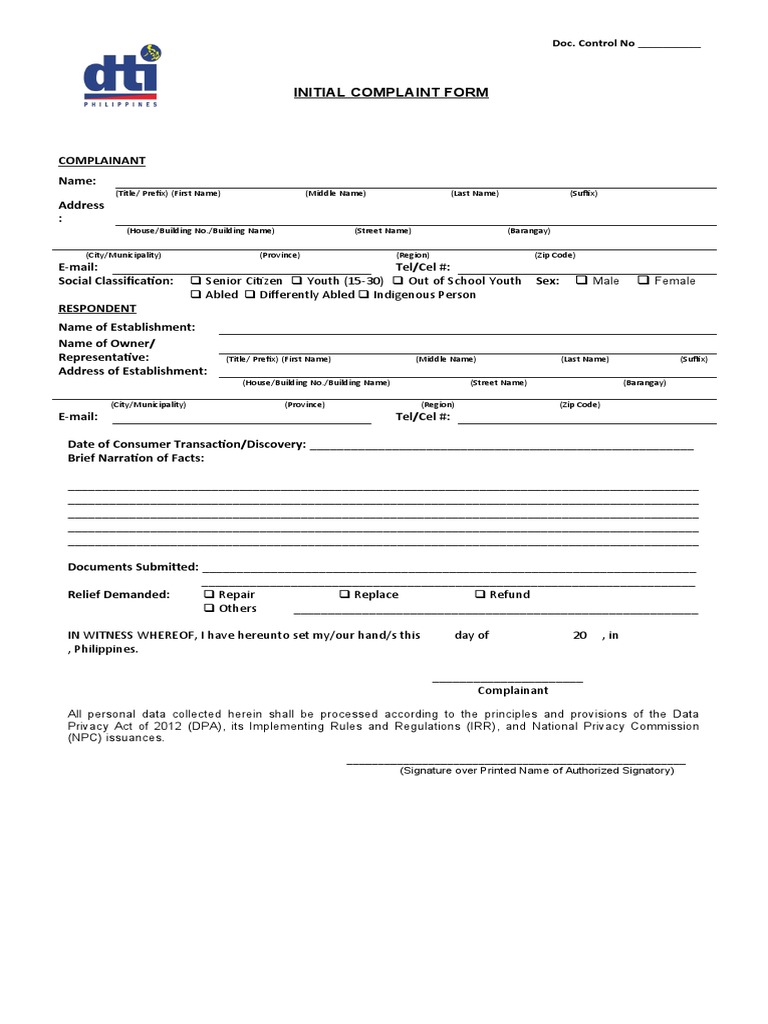 DTI Initial Complaint Form | PDF | Government And Personhood | Civil Rights And Liberties