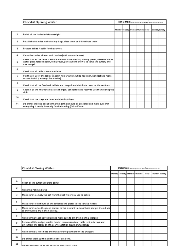 Waiter Opening and Closing Checklist | PDF
