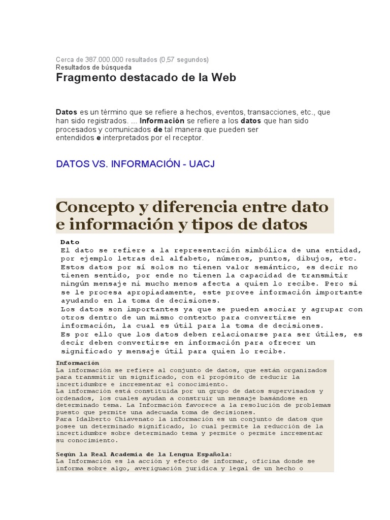 Definicion y Diferencia Entre Dato e Informacion ENZO | PDF | Tipo de ...