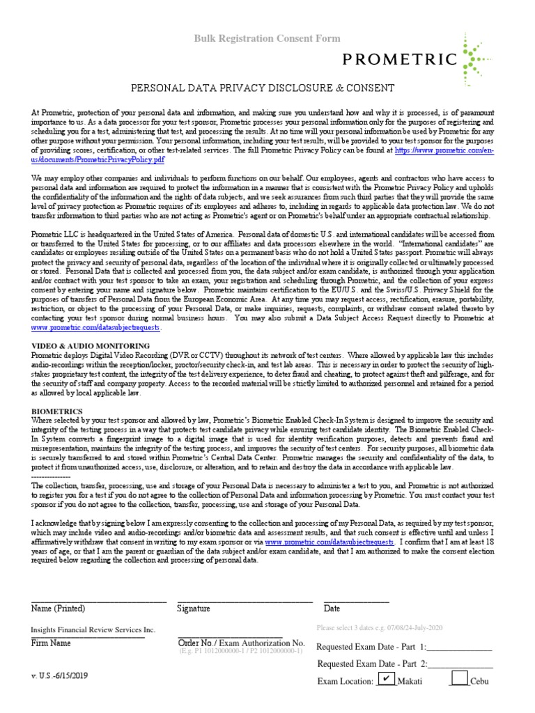 Prometric Consent Form | PDF | Privacy | Biometrics