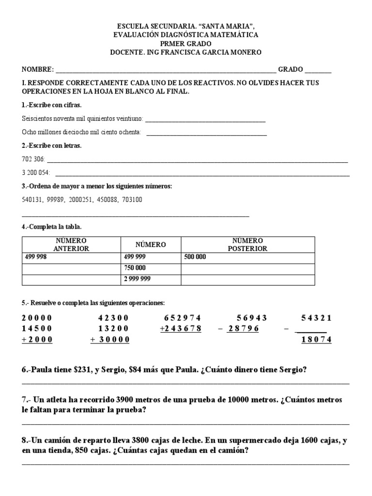 Evaluacion Diagnostica Matematicas Primero Secundaria | PDF