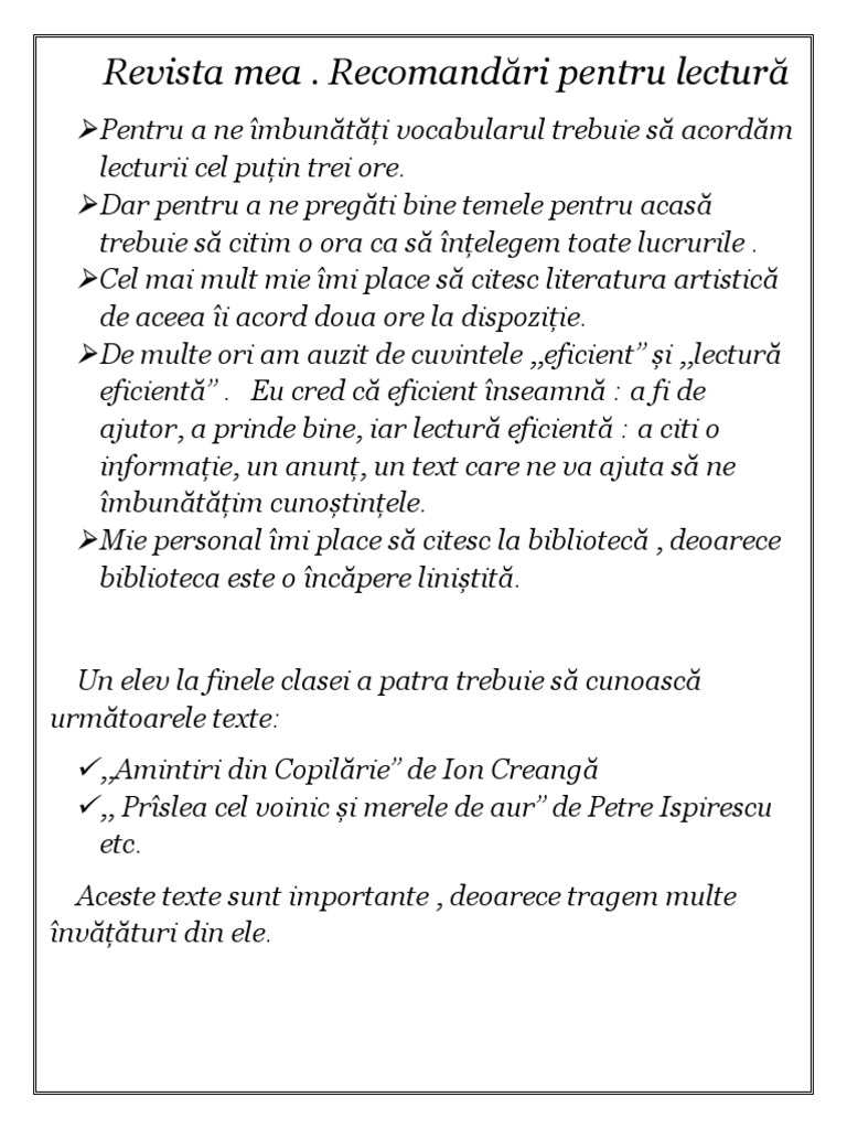 Recomandari Pentru Lectura | PDF