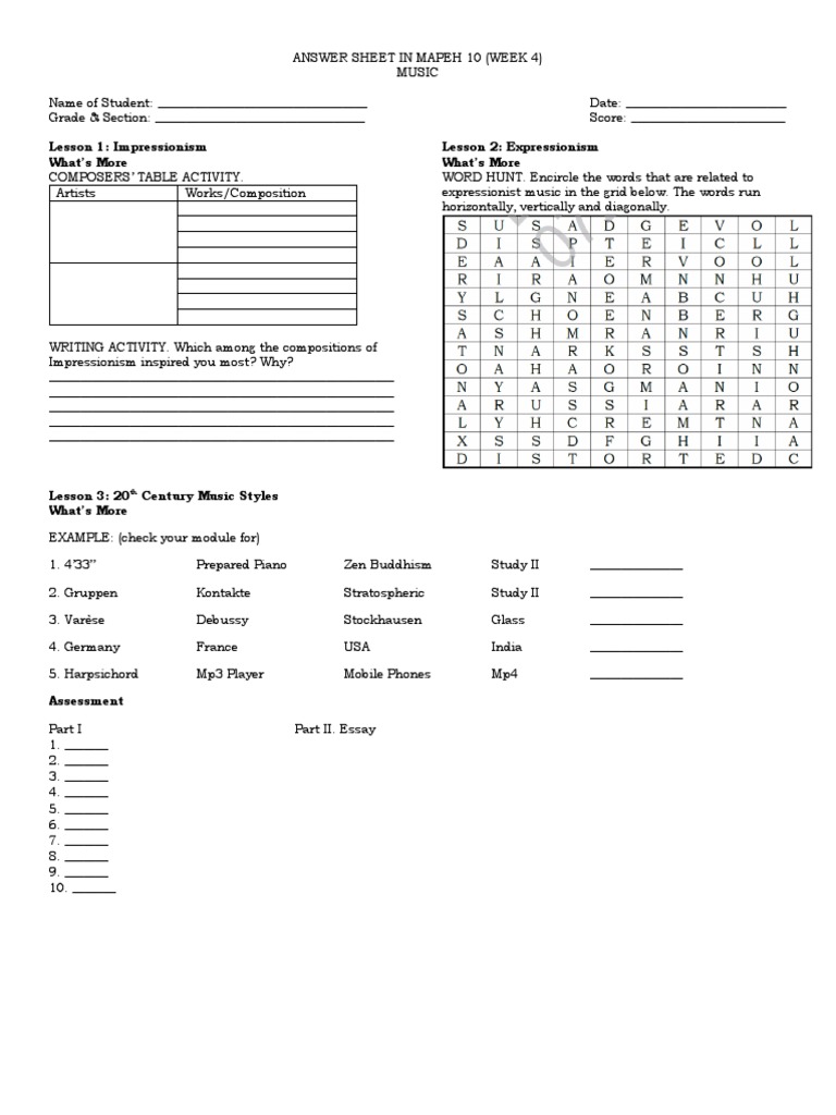 Answer Sheet in Mapeh 10 | PDF
