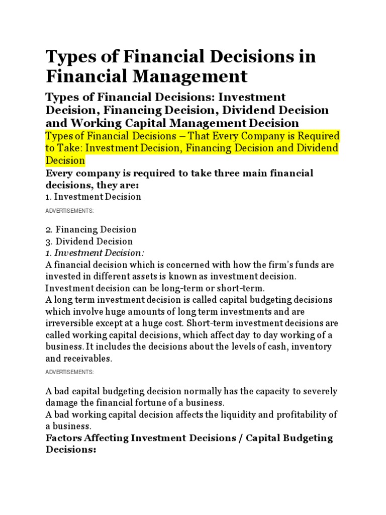 Types of Financial Decisions in Financial Management | PDF | Dividend ...