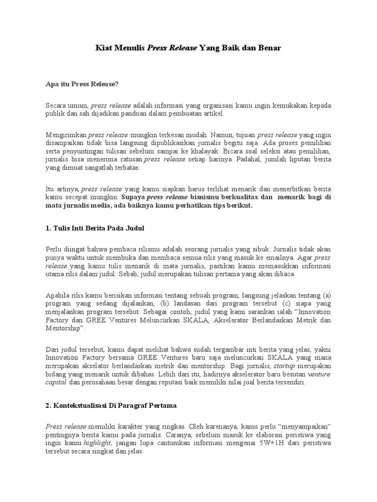 Kiat Menulis Press Release Yang Baik Dan Benar | PDF