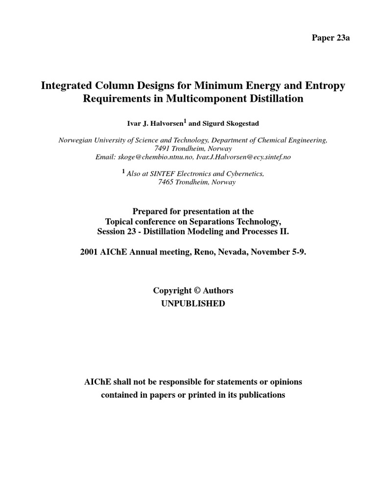 2001 - Halvorsen, Ivar J, Skogestad, Sigurd - Integrated Column Designs For Minimum Energy and ...