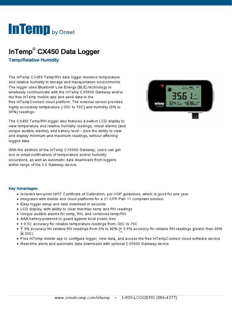 InTemp CX450 Data Logger Datasheet | PDF | Bluetooth | Electronics