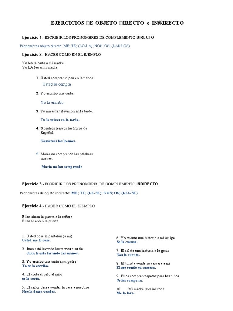 Ejercicios de Objeto Directo e Indirecto - Resolução | PDF | Objeto ...