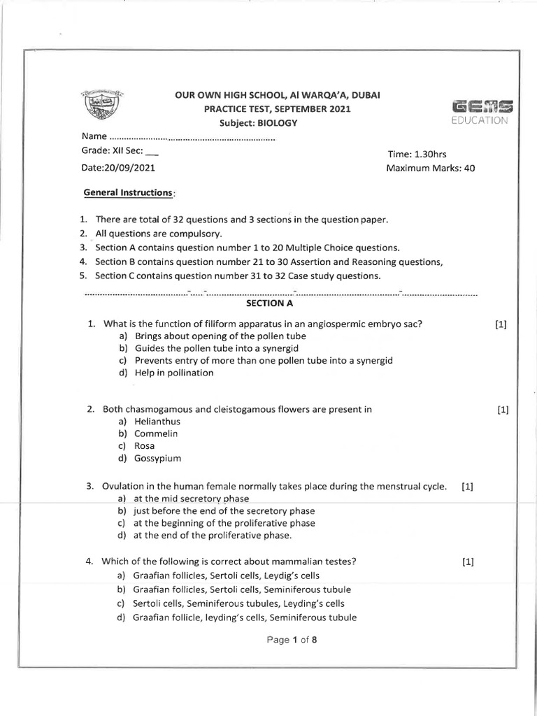 Practice Test Grade 12 - Biology | PDF