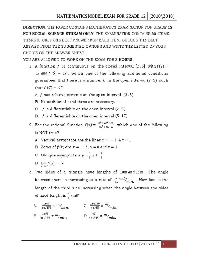 Mathematics Model Exam For Grade 12 (2010/2018) | PDF | Function ...