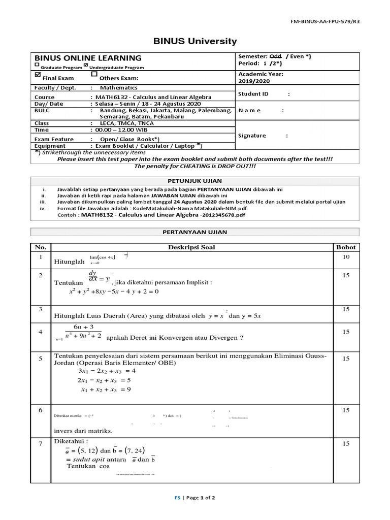 Linear Algebra Final Exam Guidelines | PDF