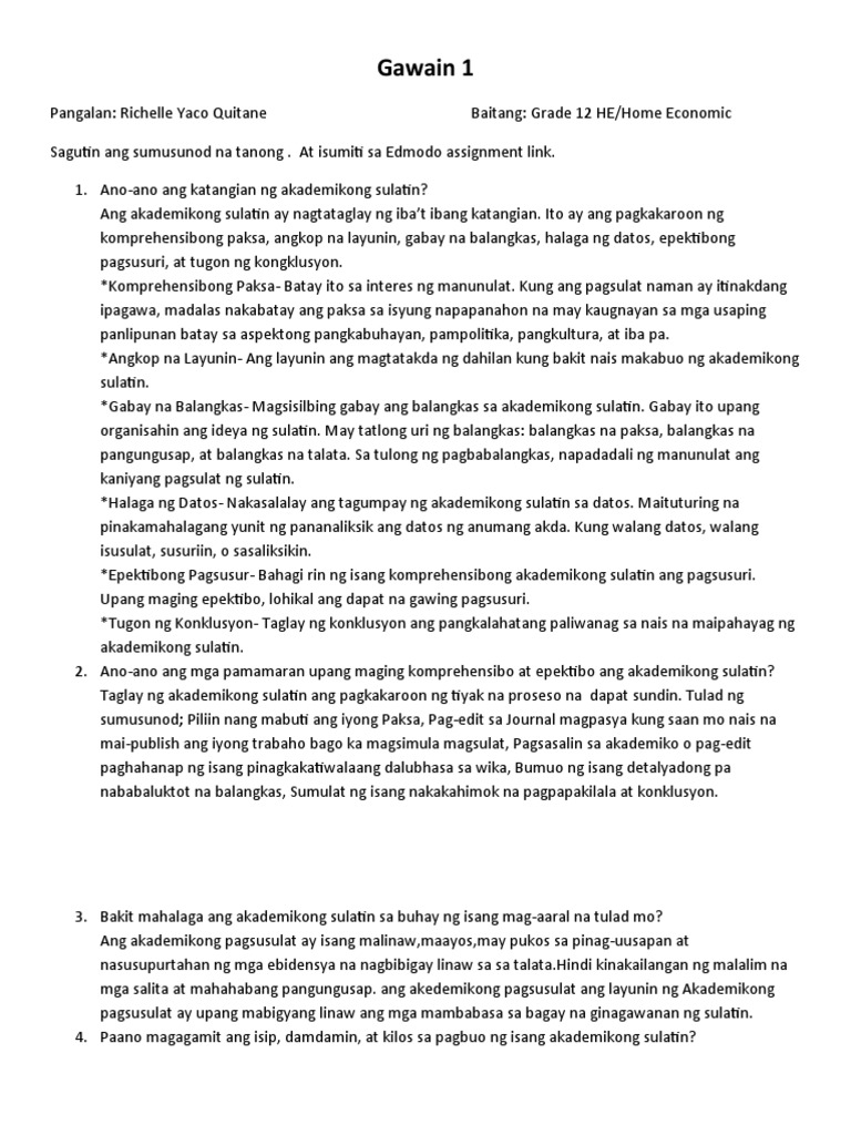 Gawain 1 (Filipino 12, Pagsulat Sa Filipino Sa Piling Larangan) | PDF Gawain 1 (Filipino 12, Pagsulat Sa Filipino Sa Piling Larangan) | PDF