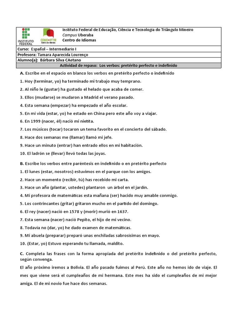 Ejercicios - El Pretérito Perfecto o Indefinido | PDF