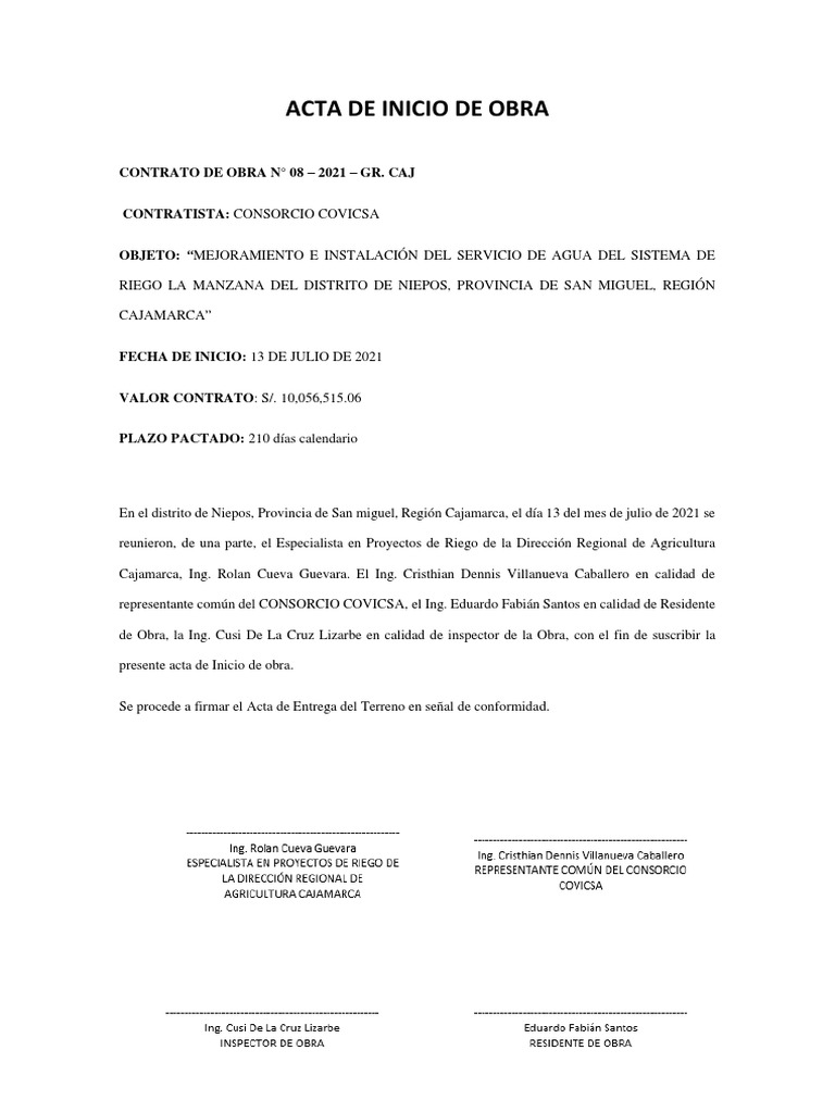 Acta de Inicio de Obra | PDF