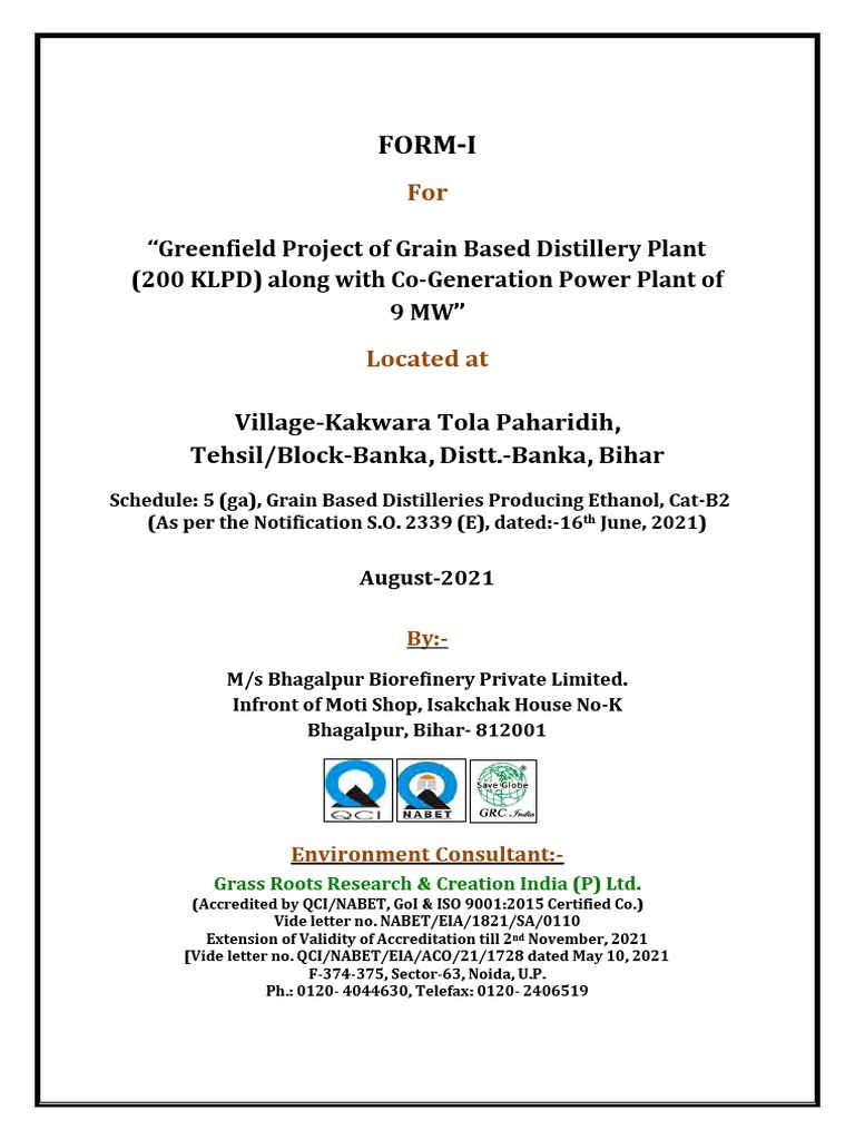 Form-I: "Greenfield Project of Grain Based Distillery Plant (200 KLPD ...