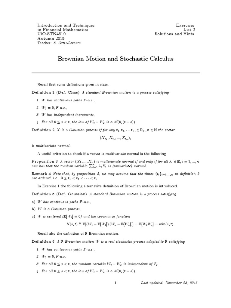 Solution Exercises List 2 Brownian Motion and Stochastic Calculus | PDF ...