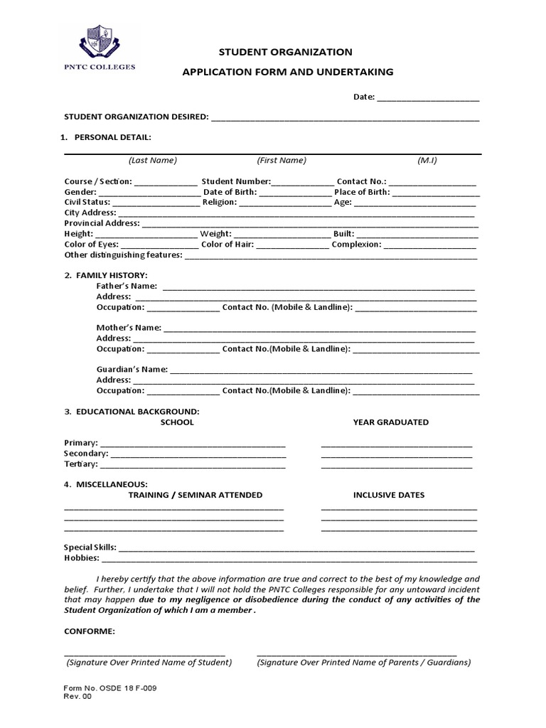 OSDE 18 F-009 Rev. 00 Application Form and Undertaking | PDF