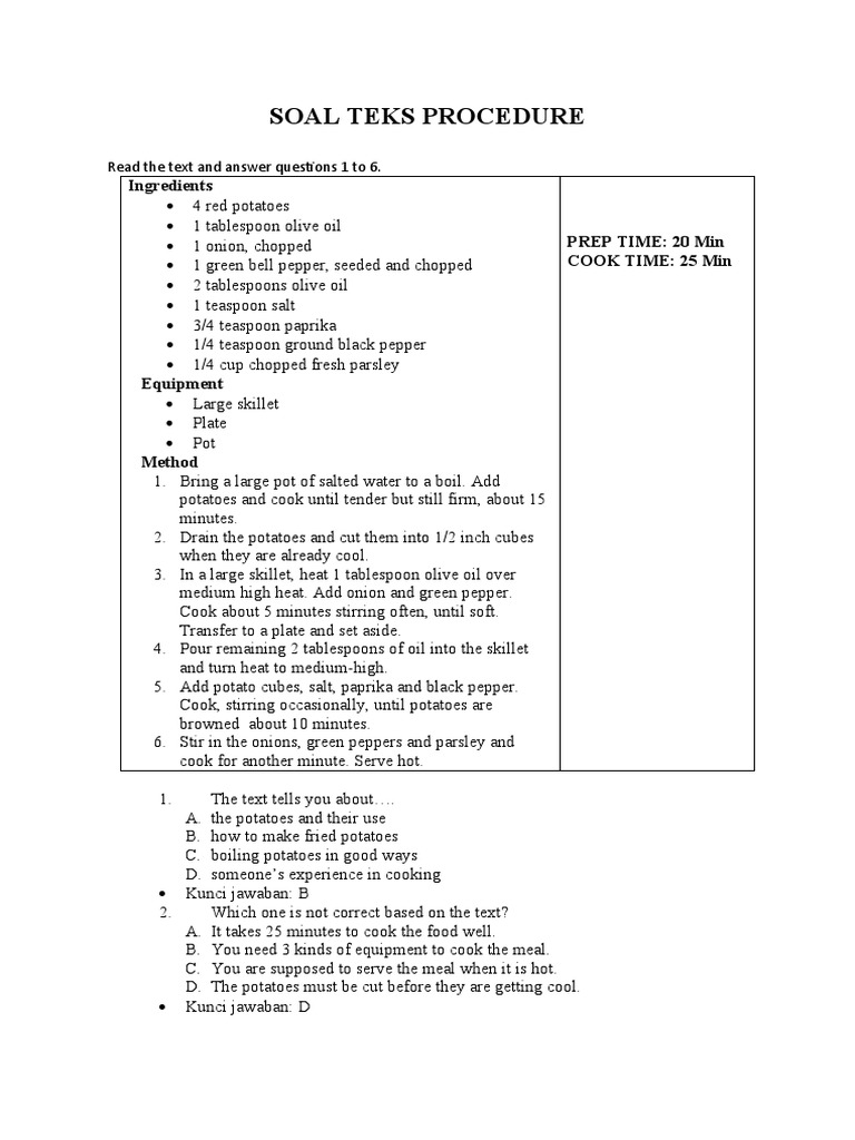 Soal Teks Procedure: Ingredients | PDF | Teaspoon | Potato