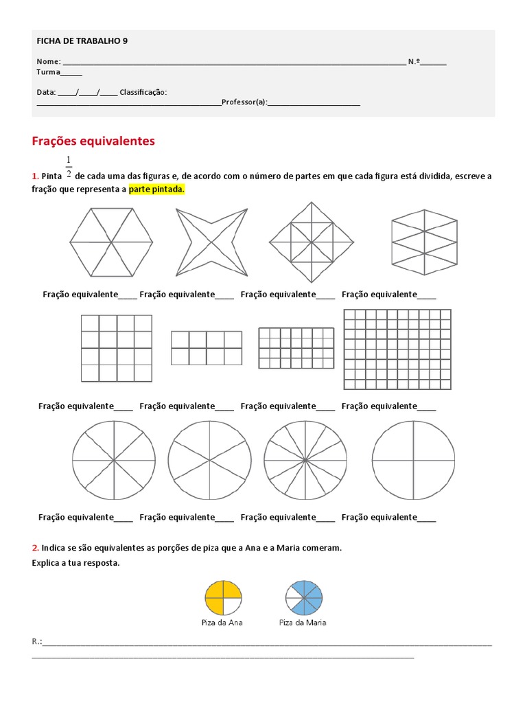 2 FICHA DE TRABALHO Frações Equivalentes | PDF