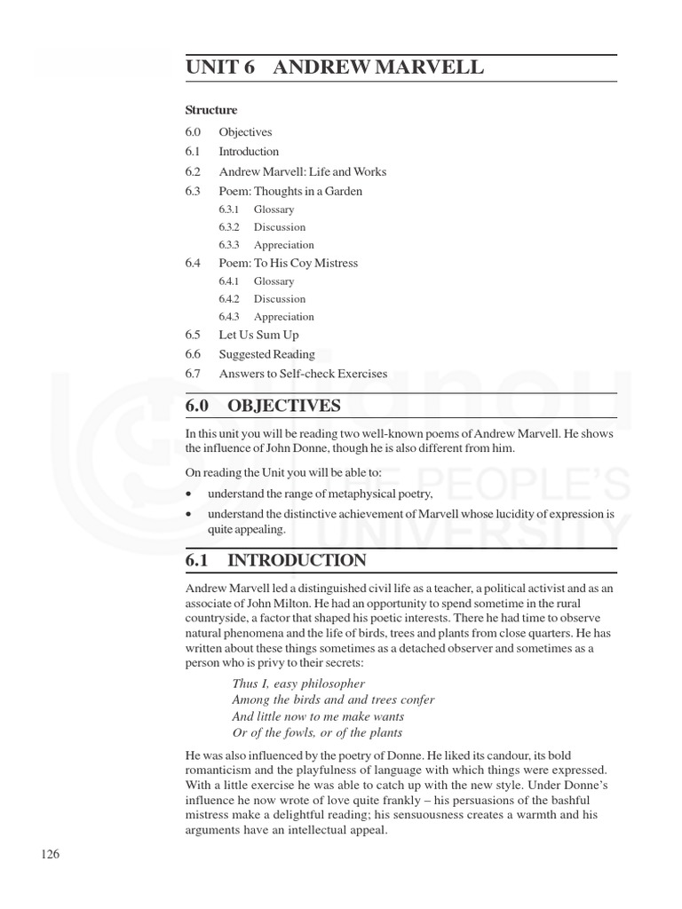 Andrew Marvell's Poems "Thoughts in a Garden" and "To His Coy Mistress ...