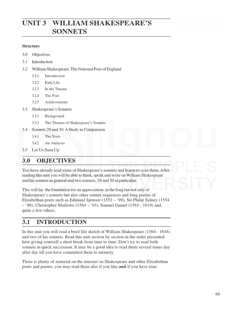 Unit 3 William Shakespeare'S Sonnets: 3.0 Objectives | PDF | William ...