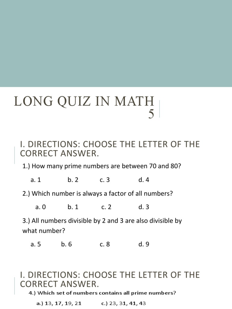 Long Quiz in Math 5 | PDF | Prime Number | Arithmetic