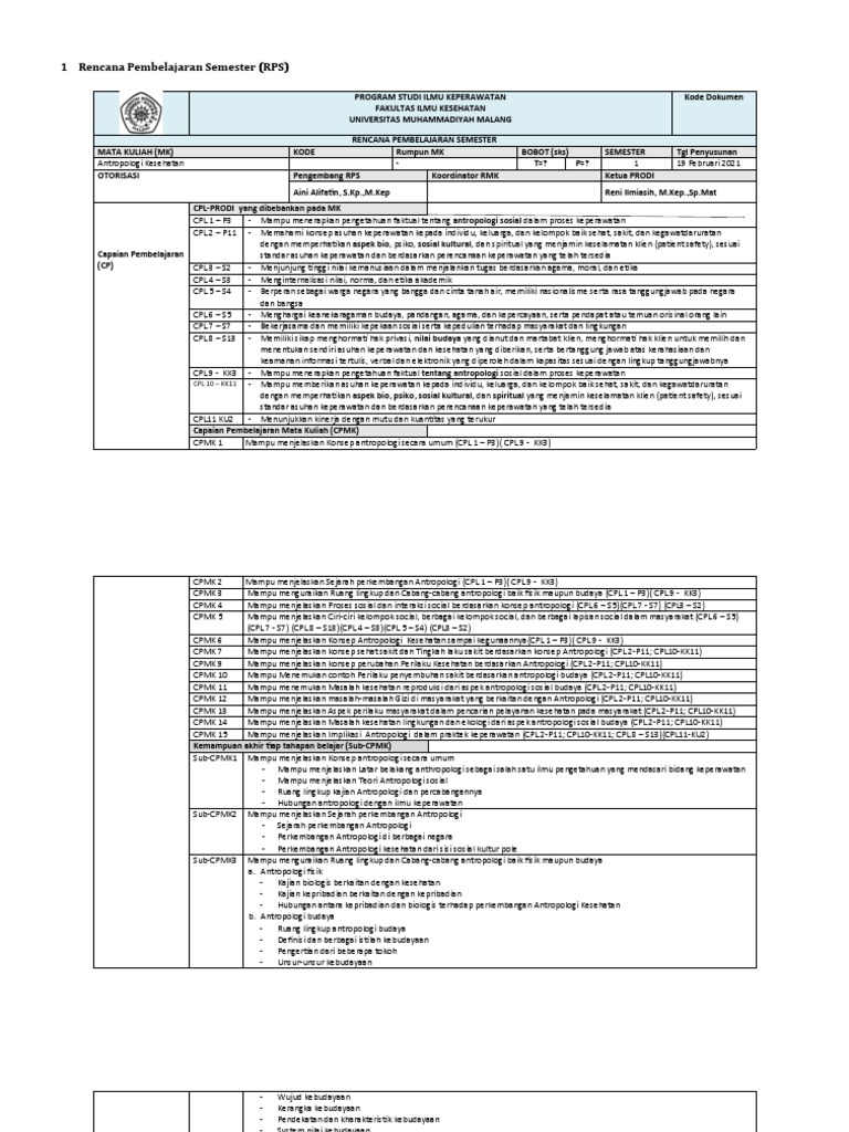 RPS ANTHROPOLOGI Sem Genap 2020-2021 | PDF | Ilmu Sosial | Pengembangan Diri