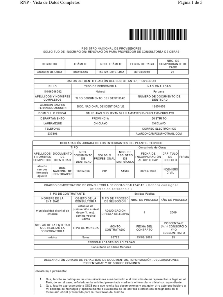 Formulario RNP Renovación Consultor Obras | PDF | Perú | Business