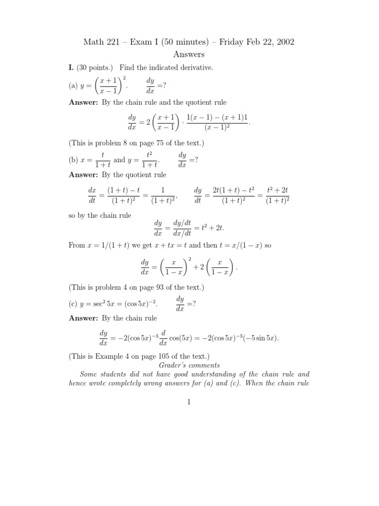 Math 221 - Exam I (50 Minutes) - Friday Feb 22, 2002 Answers | PDF ...