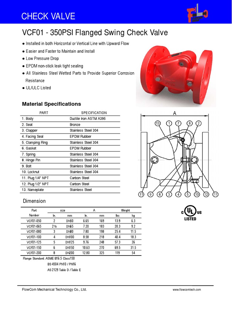VCF01 - 350PSI Flanged Swing Check Valve | PDF