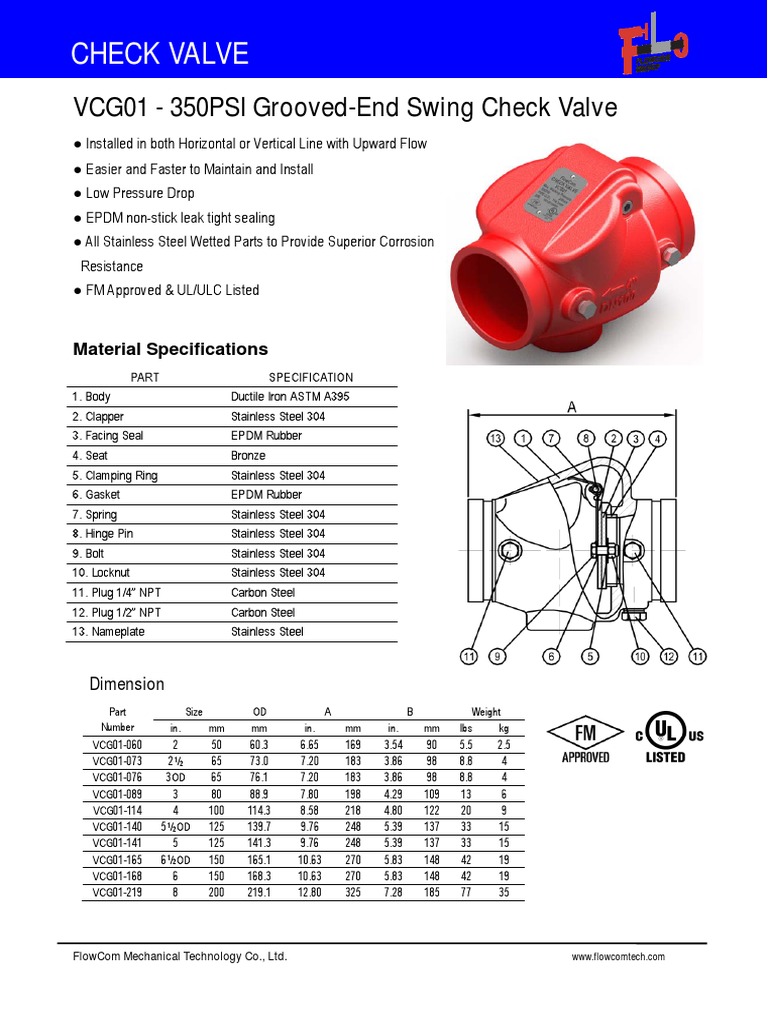VCG01 - 350PSI Grooved-End Swing Check Valve | Download Free PDF ...