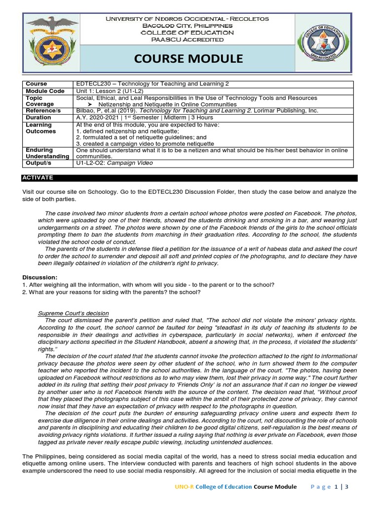 Course Module: Course Module Code Topic Coverage Reference/s Duration ...
