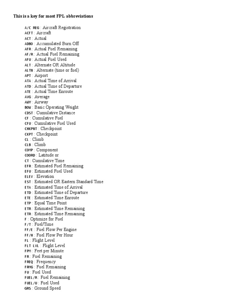 This Is A Key For Most FPL Abbreviations | PDF | Takeoff | Aerodynamics