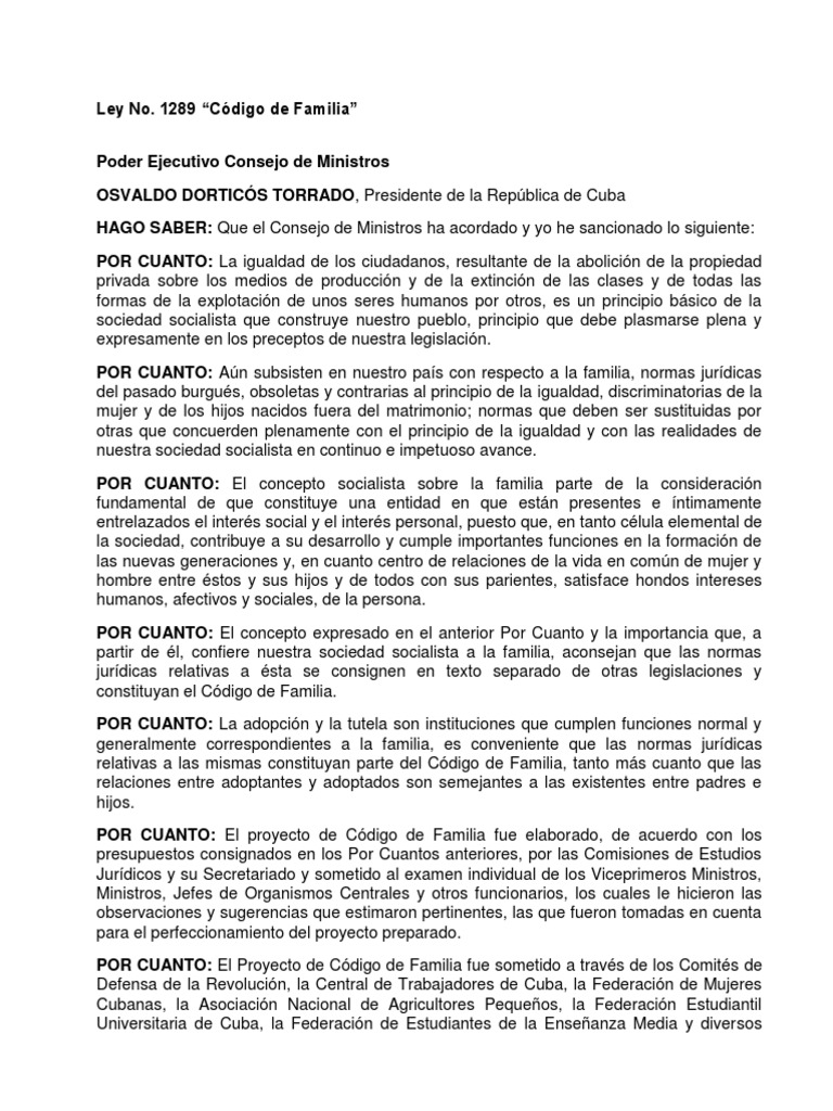 Código de Familia en Cuba: Ley 1289 | PDF | Parentesco | Anulación