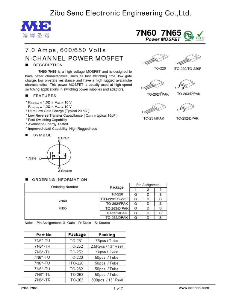 7N60 7N65 Data Sheet | PDF | Field Effect Transistor | Mosfet
