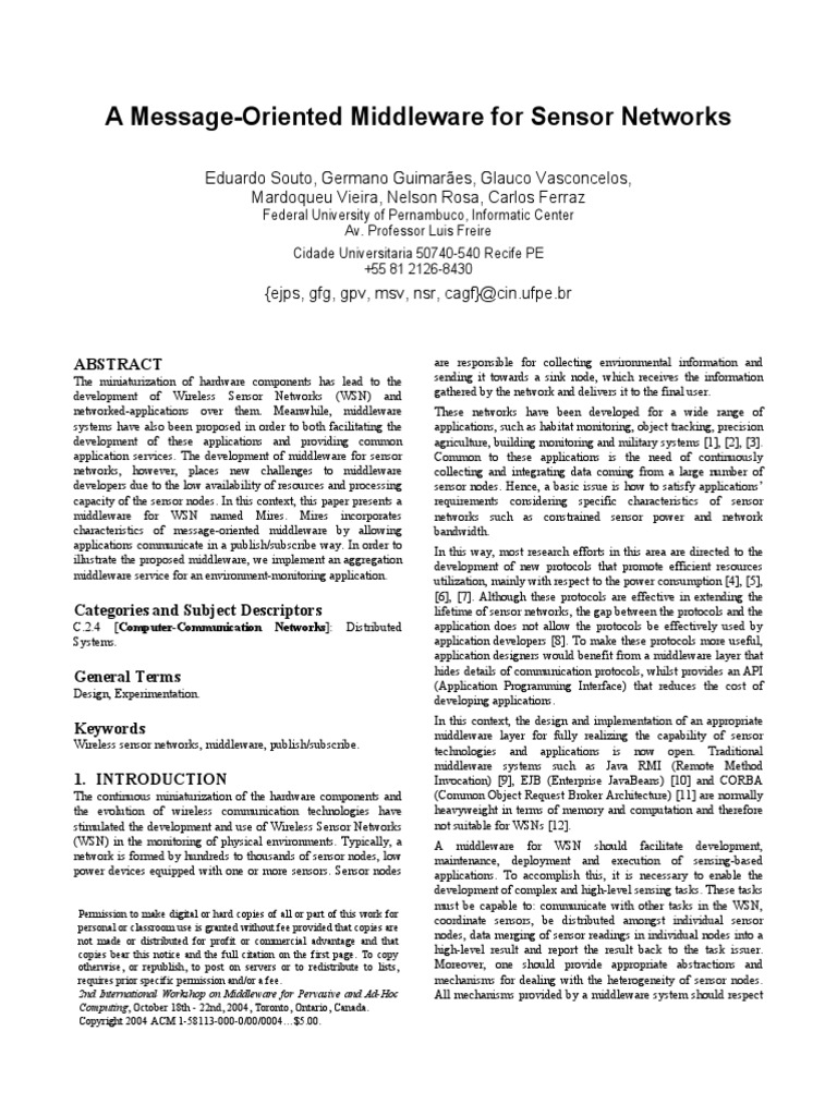 A Message-Oriented Middleware For Sensor Networks | PDF | Wireless Sensor Network | Computer Network