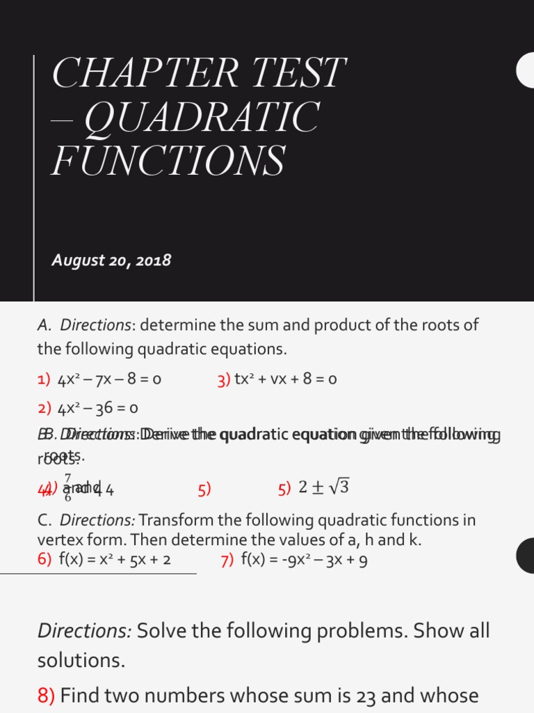 Chapter Test - Quadratic Functions | PDF