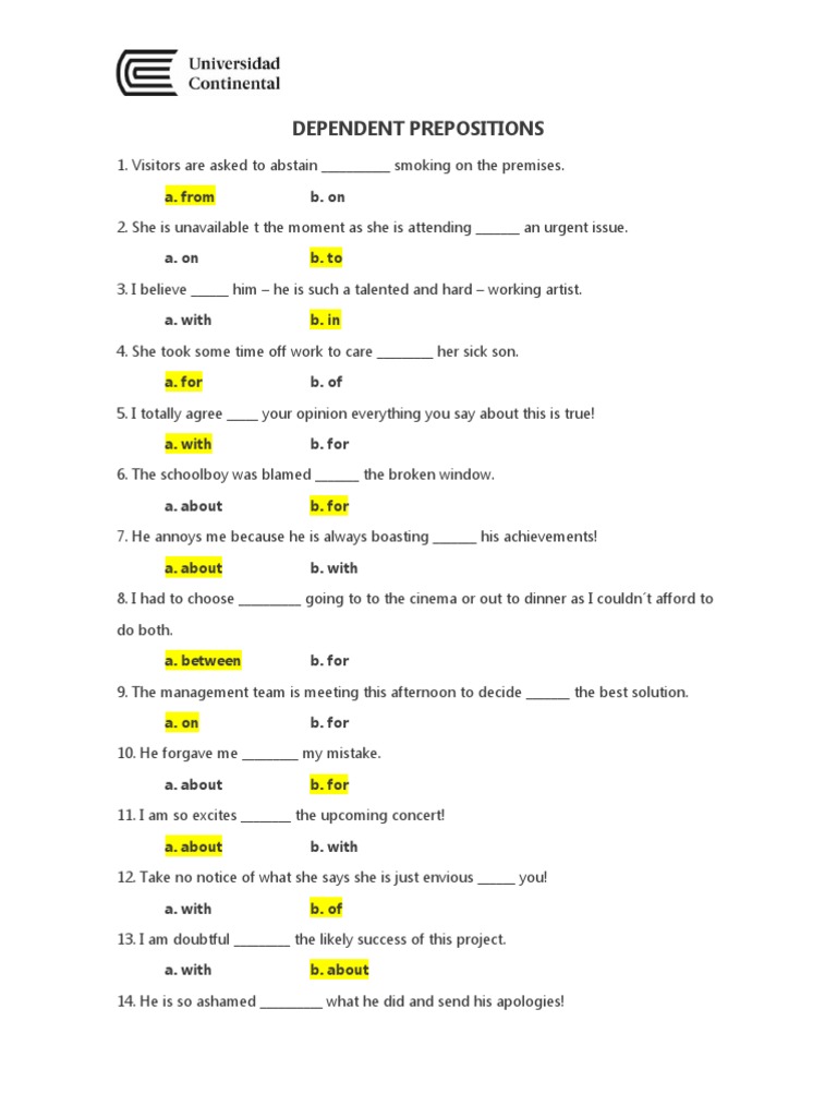 DEPENDENT PREPOSITIONS (Exercises) | PDF