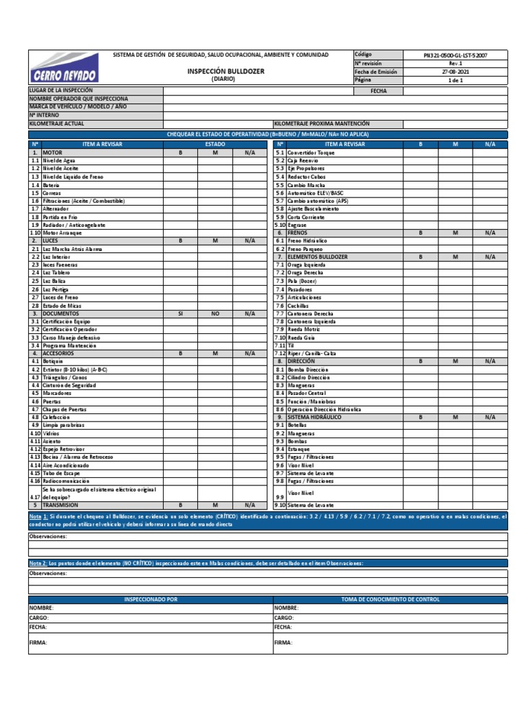 F-08 Check List Bulldozer Rev 1 | PDF | Bienes manufacturados | Equipo