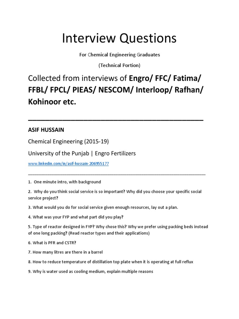 Chemical Engineering Interview Insights | PDF | Distillation | Viscosity