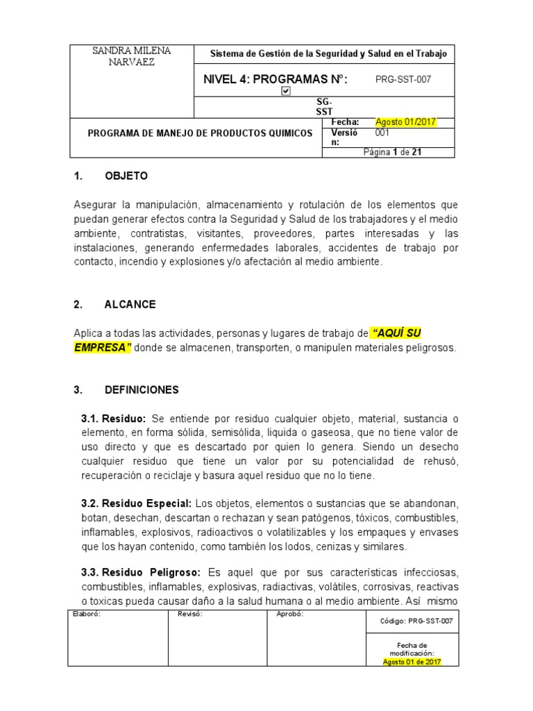 Programa de Manejo de Productos Quimicos | PDF | Agua | Combustión