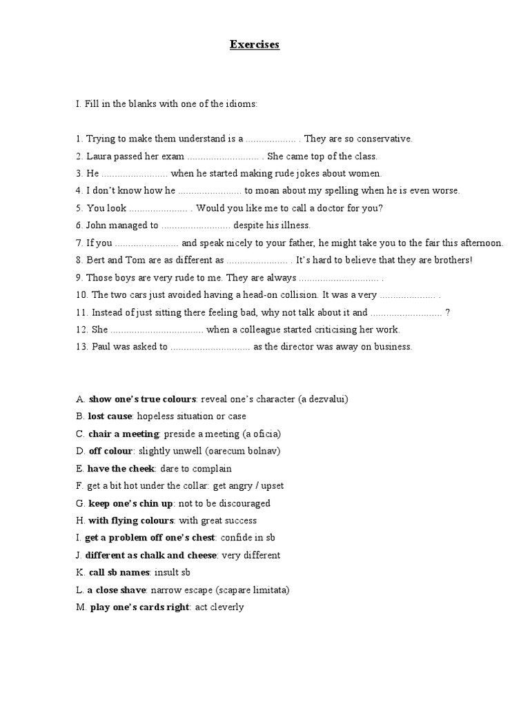Exercitii de Vocabular ''Idioms'' | PDF | Foreign Language Studies