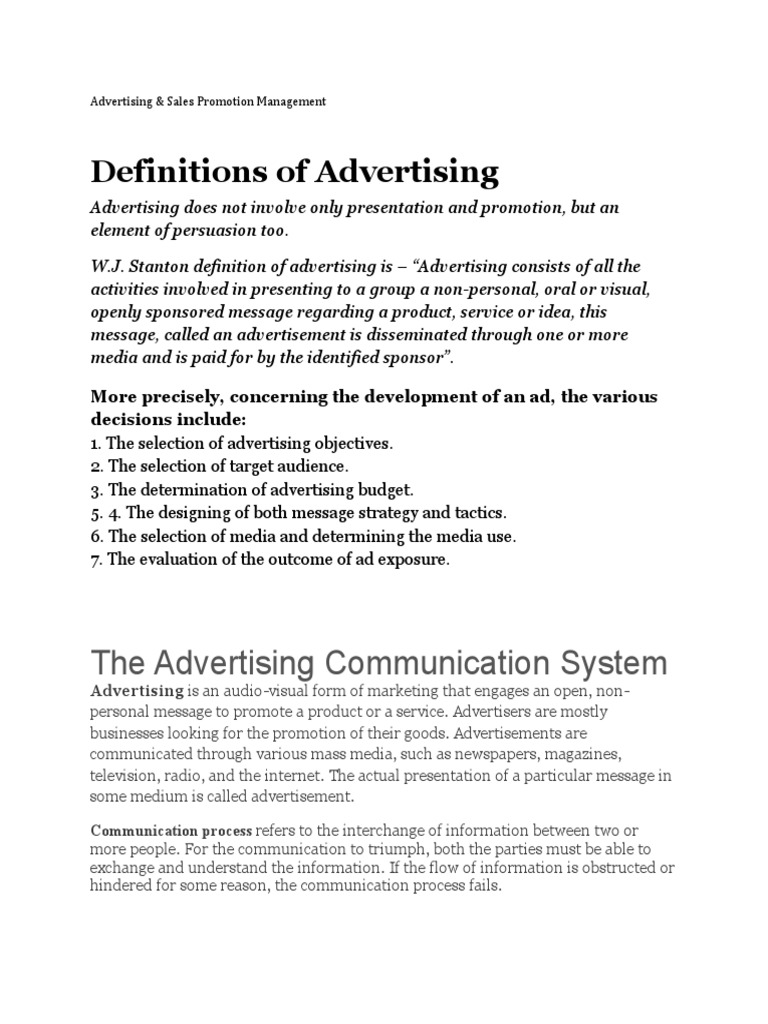 Definitions of Advertising: The Advertising Communication System | PDF ...