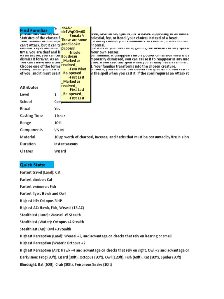 D&D 5E Find Familiar Overview | PDF | Senses | Perception