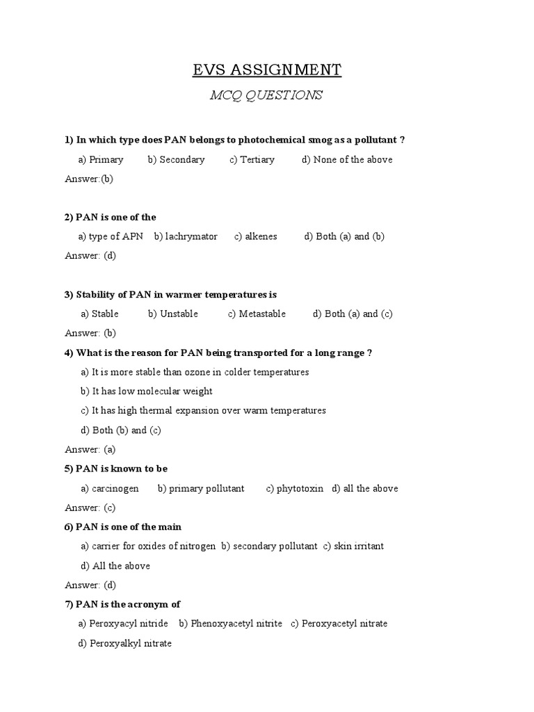 Evs Assignment: MCQ Questions | PDF | Smog | Chemical Reactions