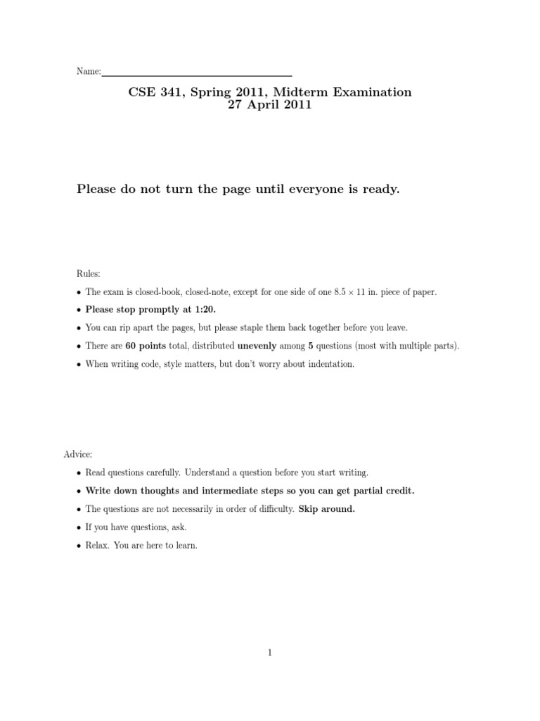 CSE 341, Spring 2011, Midterm Examination 27 April 2011 | Download Free ...