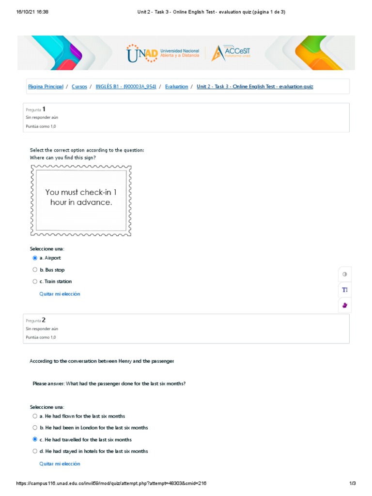 Unit 2 - Task 3 - Online English Test - Evaluation Quiz (Página 1 de 3 ...