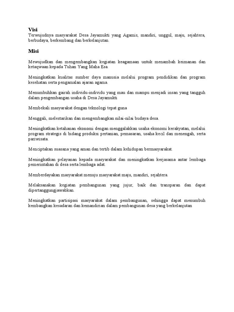 Visi dan Misi Desa Jayamukti | PDF