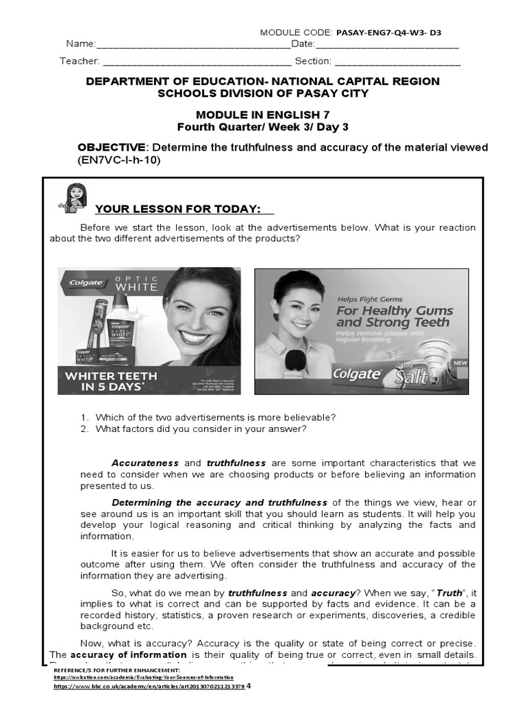 (EN7VC-I-h-10) : Module Code | PDF | Accuracy And Precision | Truth